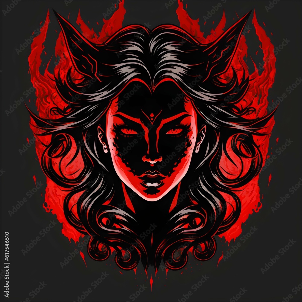 Stylized black bold female demon logo with red background 8k Stock ...