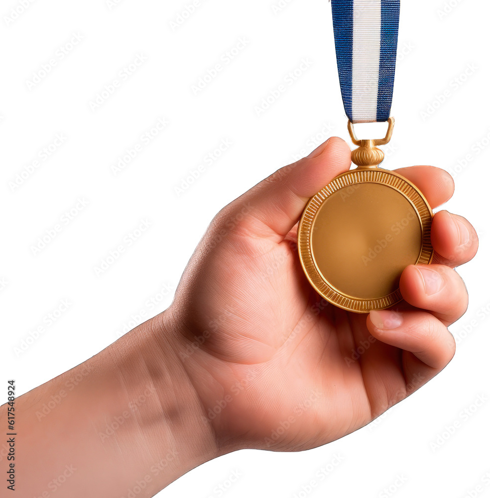 Hand holding medal, PNG transparent background, digital illustration ...