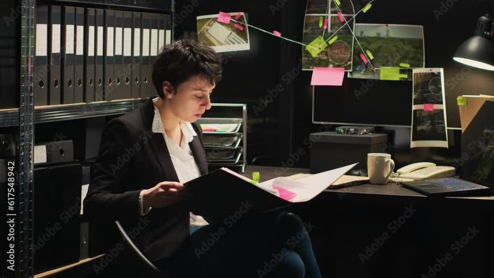 Police investigator reading classified documents to find out about new ...