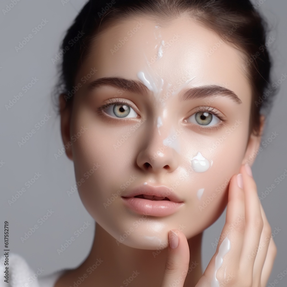 Beautiful young woman with cream on face. Skin care concept. Skincare ...