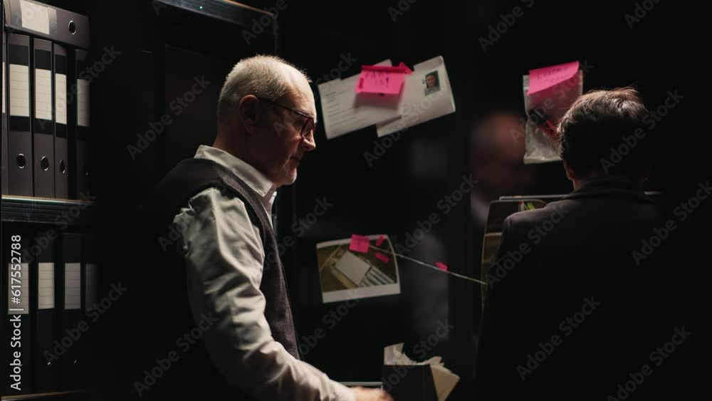 Police agents examine evidence board in investigation office, analyzing ...