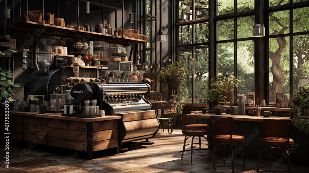 A stylish coffee shop interior with a barista's workstation, espresso ...