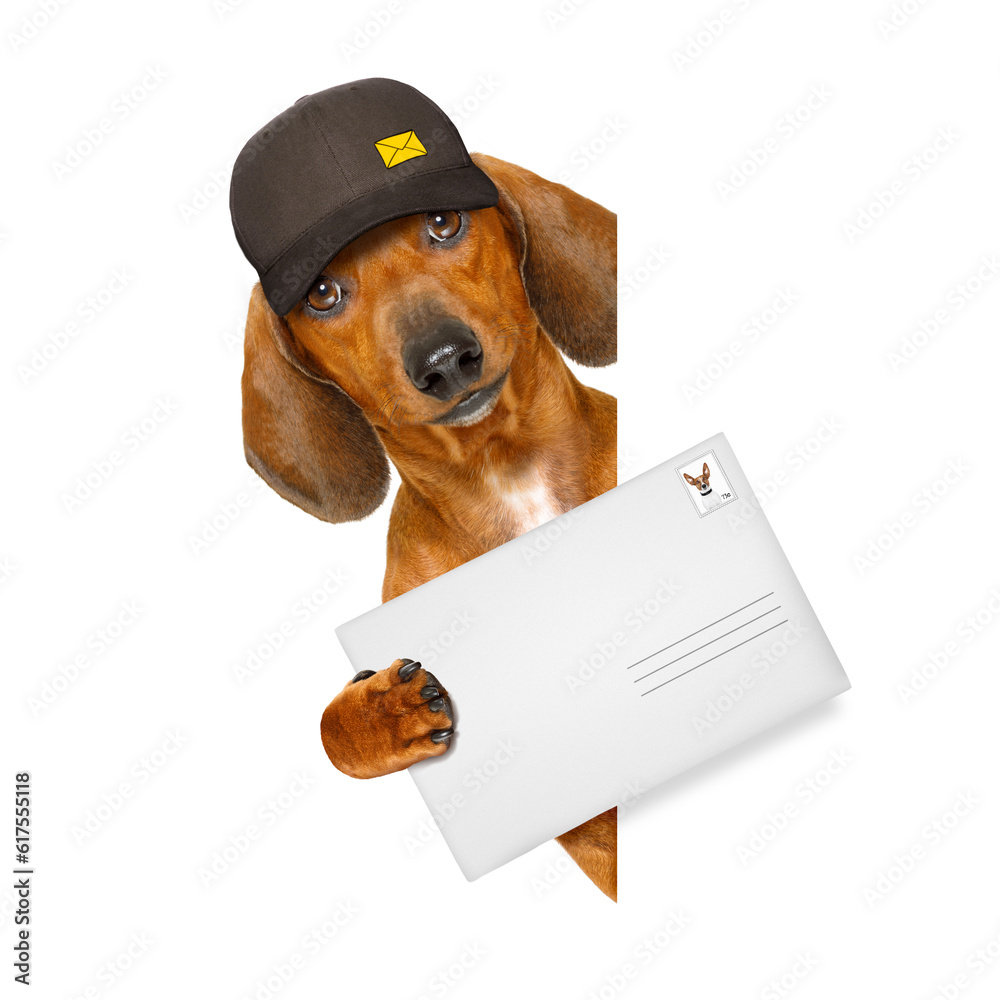 dachshund sausage dog delivering a big envelope as a postman with cap ...