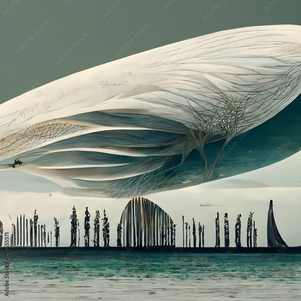 branched sea feather structure swaying atoll island city life ...