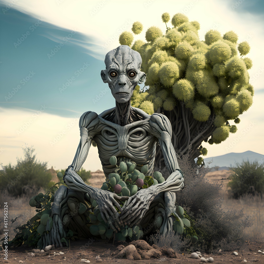 alien humanoid in landscape with alien plants and trees 1950 sitcom ...