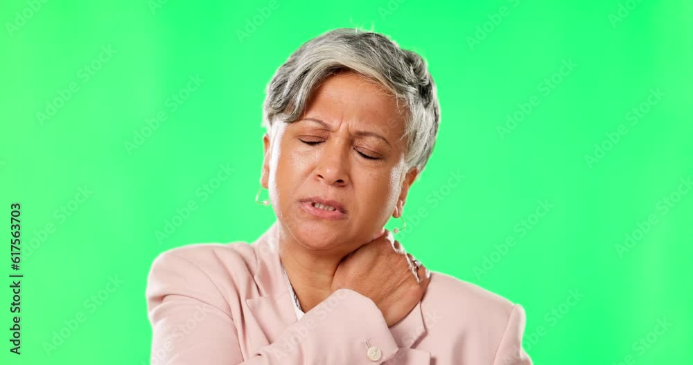 Senior, business woman and neck pain, green screen and muscle tension ...