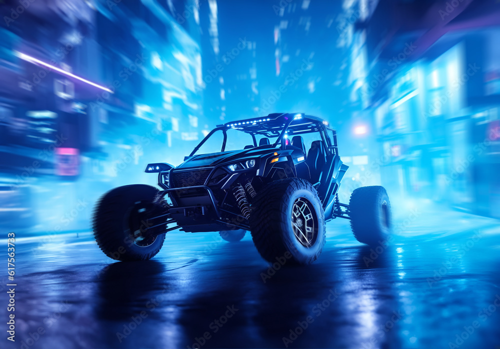 UTV in a city street at night. Powerful buggy car with city lights in ...