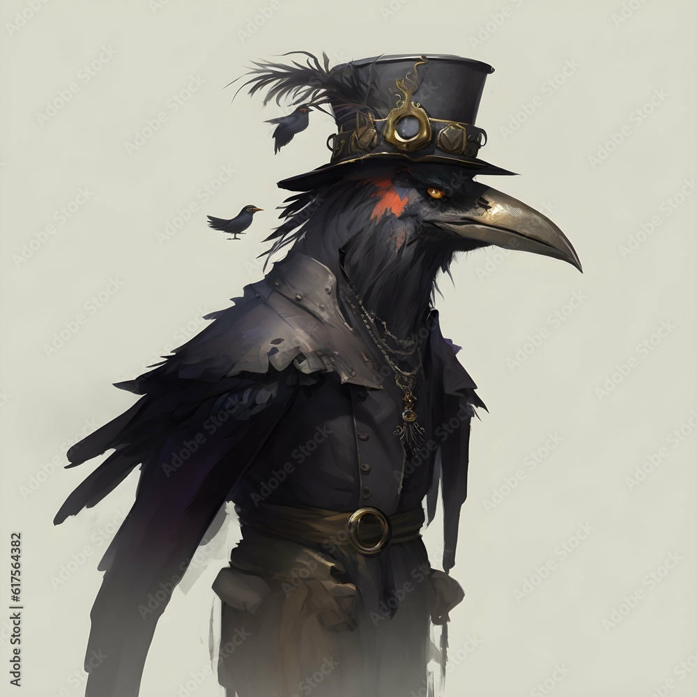 character design a dnd black arakocra crows head wearing a hat full ...