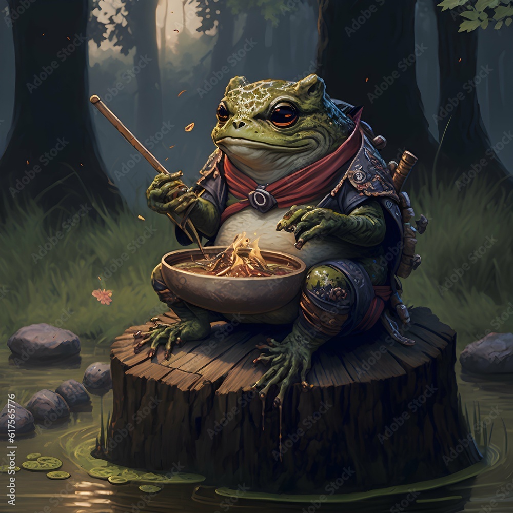 brian bruno traditional Japanese samurai frog eating ramen on a stump ...