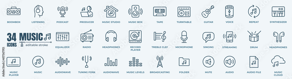 Music line icons. Set of Acoustic guitar, Musical note, Vinyl record ...
