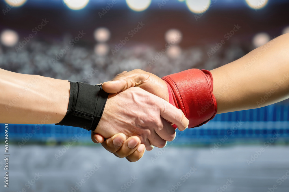 handshake between two boxers greeting on the ring, before boxing and ...