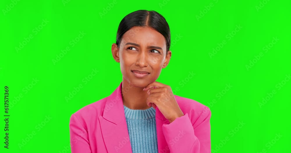 Confused, face and thinking by woman in green screen studio with ...