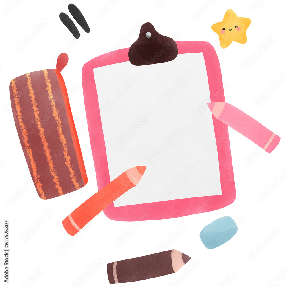 Hand drawn cute cartoon paper clip board and pencil animation element ...