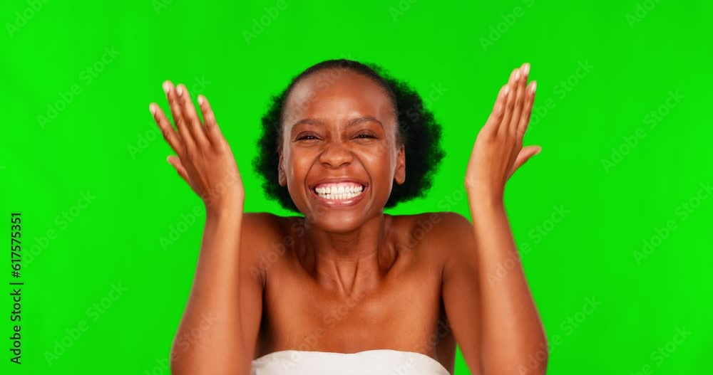 Green screen face, skincare and black woman excited over cosmetics ...