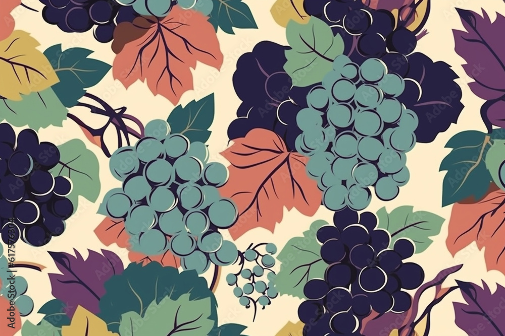 grapes and leaves pattern, in the style of anime aesthetic, clean and ...