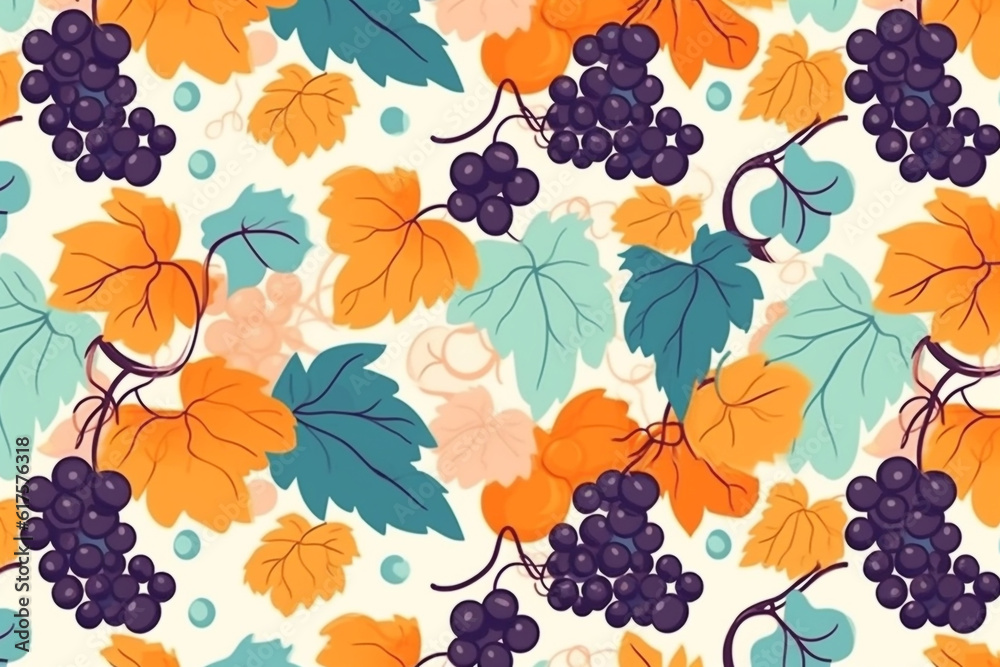 grapes and leaves pattern, in the style of anime aesthetic, clean and ...