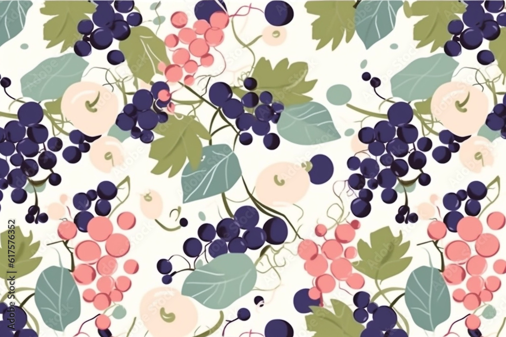 grapes and leaves pattern, in the style of anime aesthetic, clean and ...