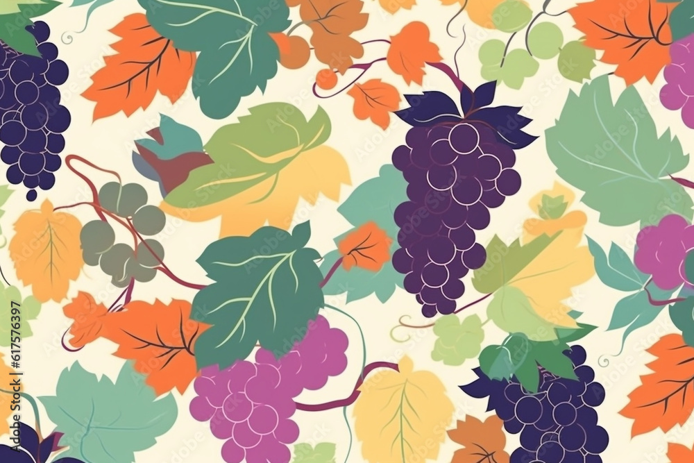 grapes and leaves pattern, in the style of anime aesthetic, clean and ...