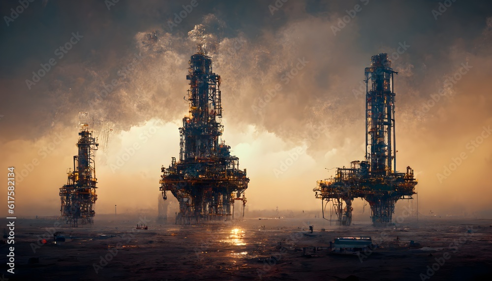 massive oil rig in a distant dystopian future 8K octane render unreal 5 ...