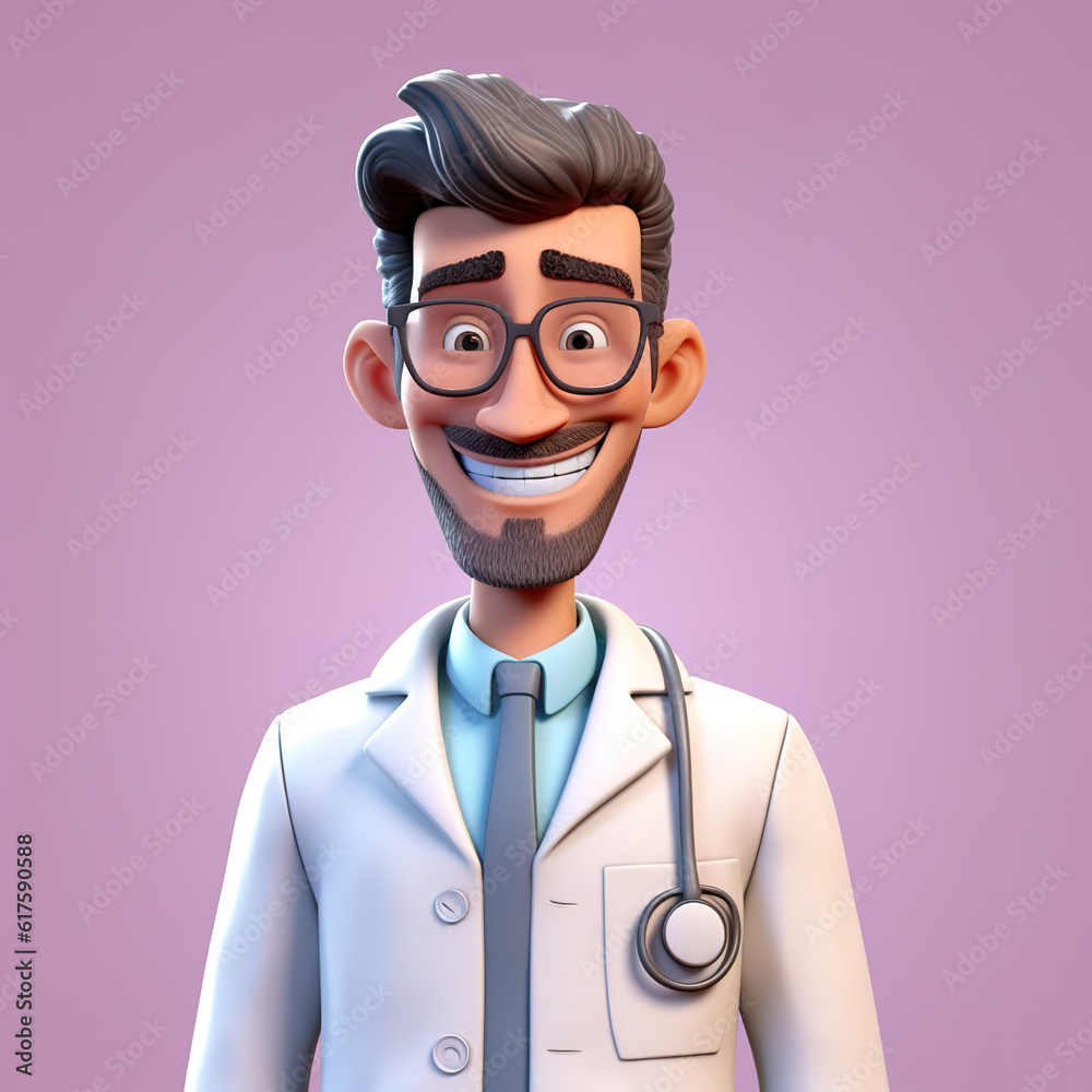 3d cartoon character doctor wears glasses, Hanging a stethoscope ...