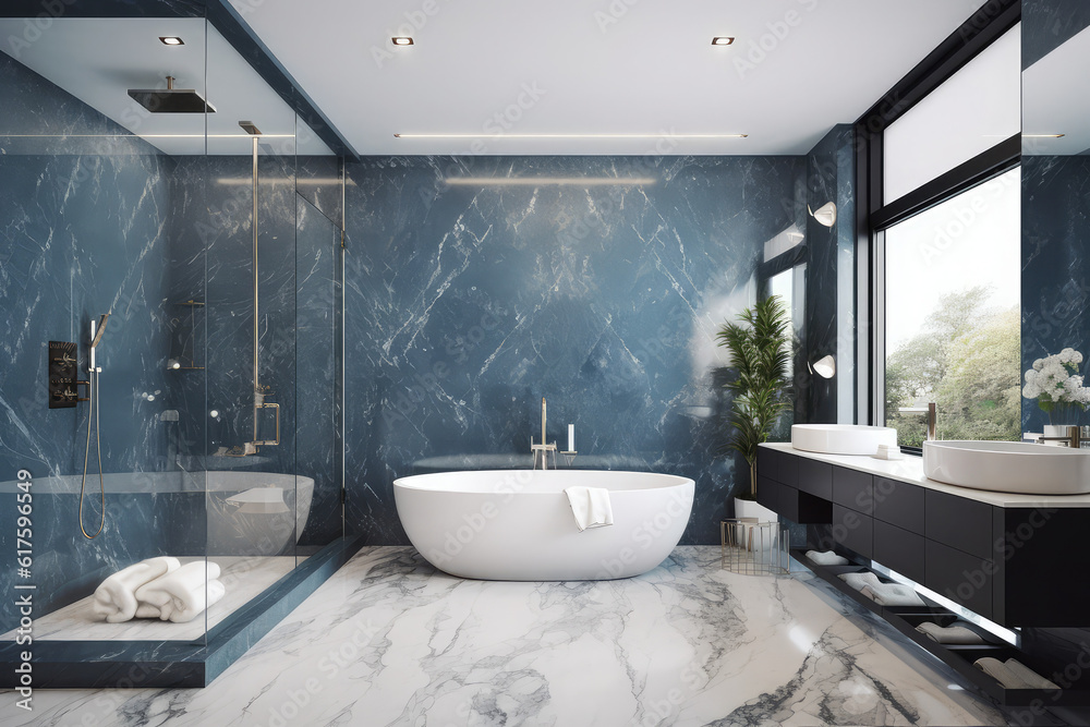 A luxurious bathroom with marble accents and sleek modern design. The ...