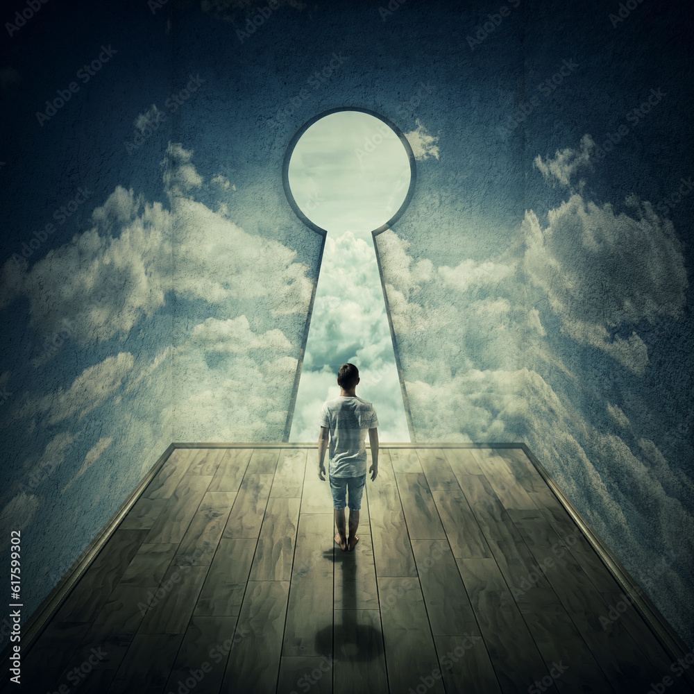 Abstract idea with a person standing in front of a big keyhole doorway ...