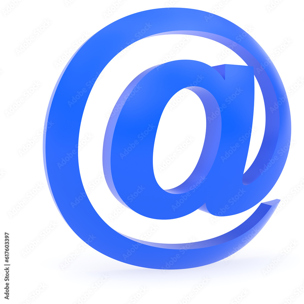 Curved blue at sign rendered with soft shadows on white background ...