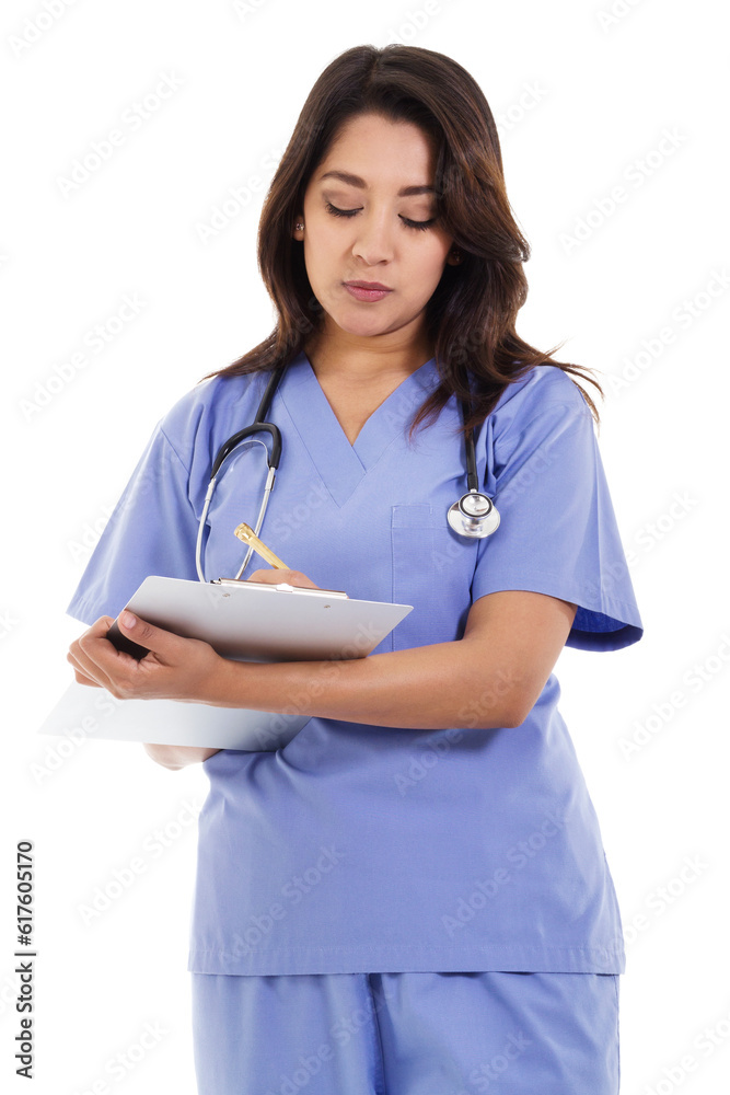 Stock image of female nurse writing on patient chart isolated on white ...