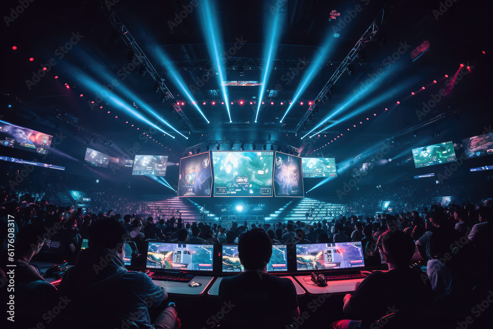 esports arena, filled with cheering fans and colorful LED lights ...