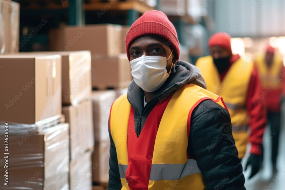 Black male worker wearing protective mask working in factory warehouse ...