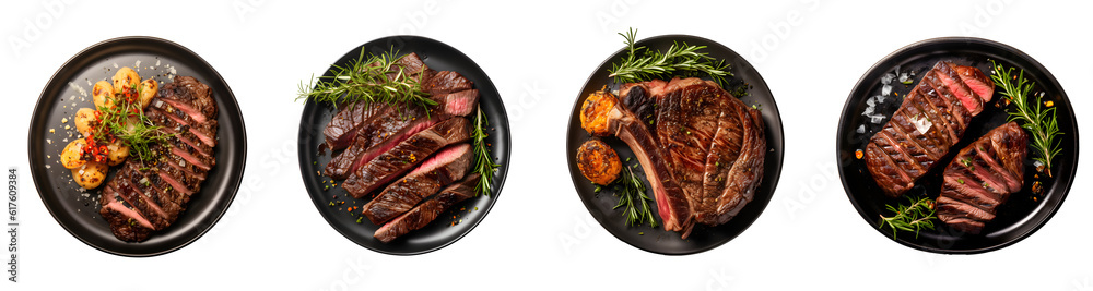 Set of top view Beef steak meat cutting in a black plate, t bone, Wagyu ...