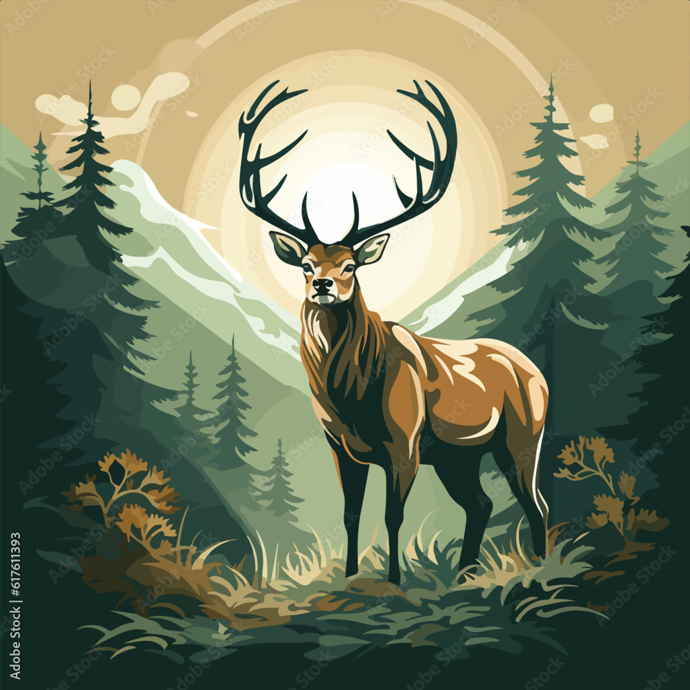 A modern logo design featuring a long-horned deer, gracefully standing ...