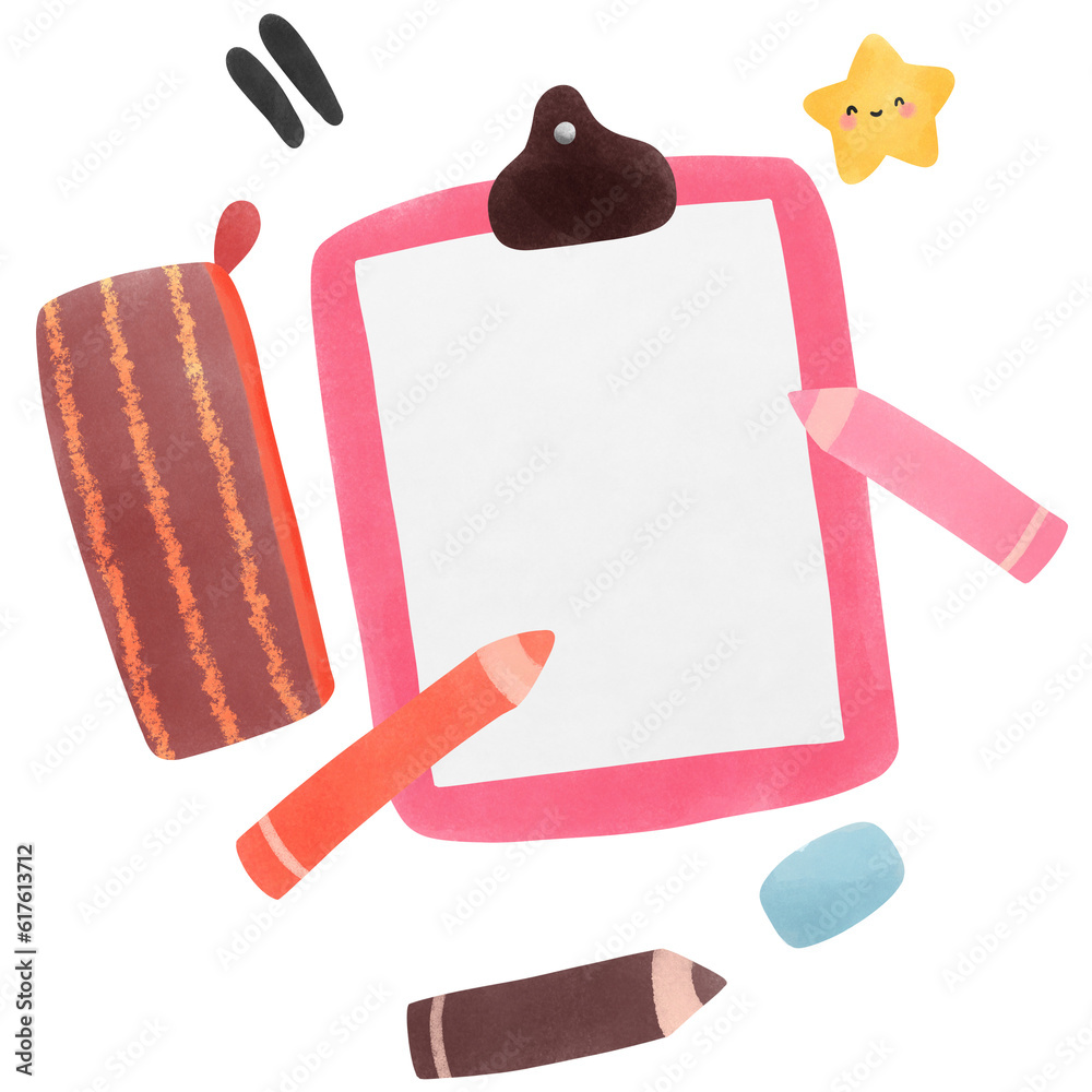 Hand drawn cute cartoon paper clip board and pencil animation element ...
