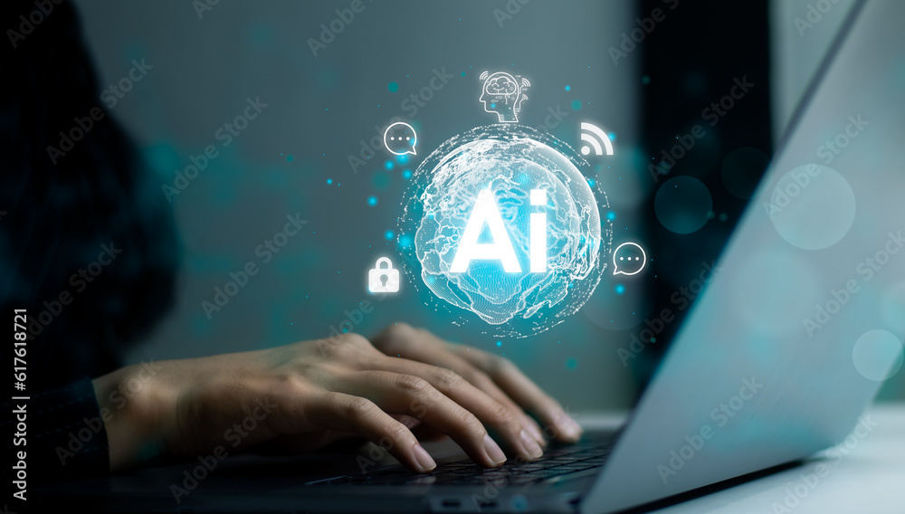 AI technology. Woman using compter laptop connecting with artificial ...