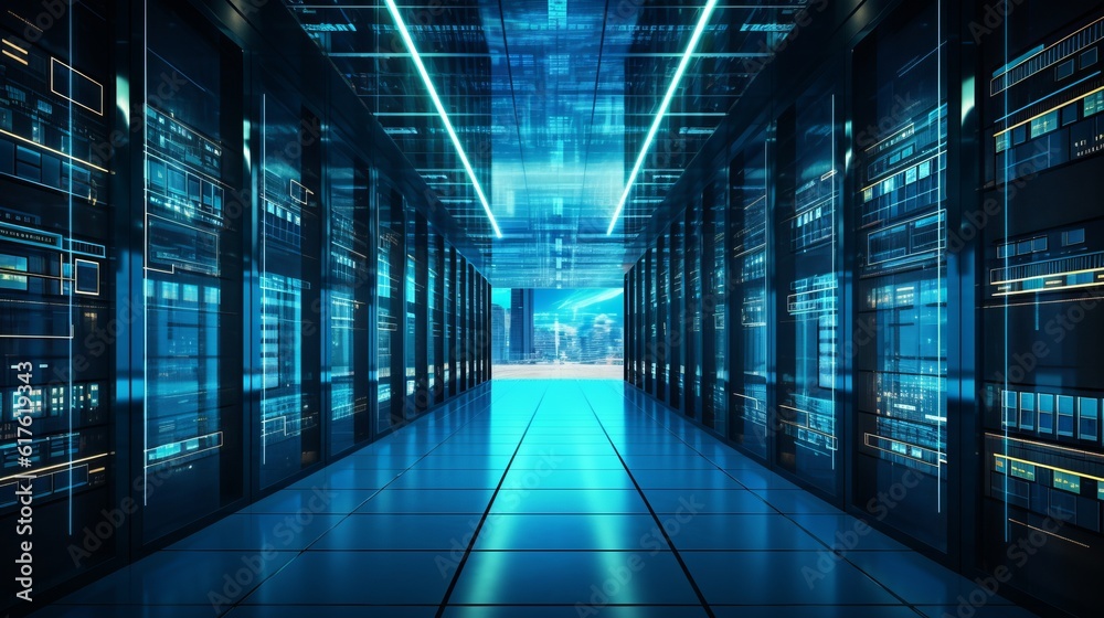 Modern Server Room With Blue Lights And Blue Lines Super Computer Room Data Warehouse