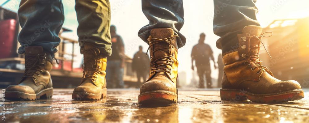 Construction worker boots at a industrial job site - Generative Ai ...