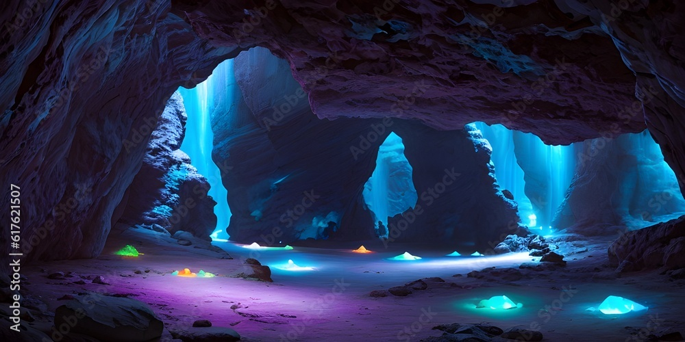 A cave filled with lots of blue and purple lights created with ...
