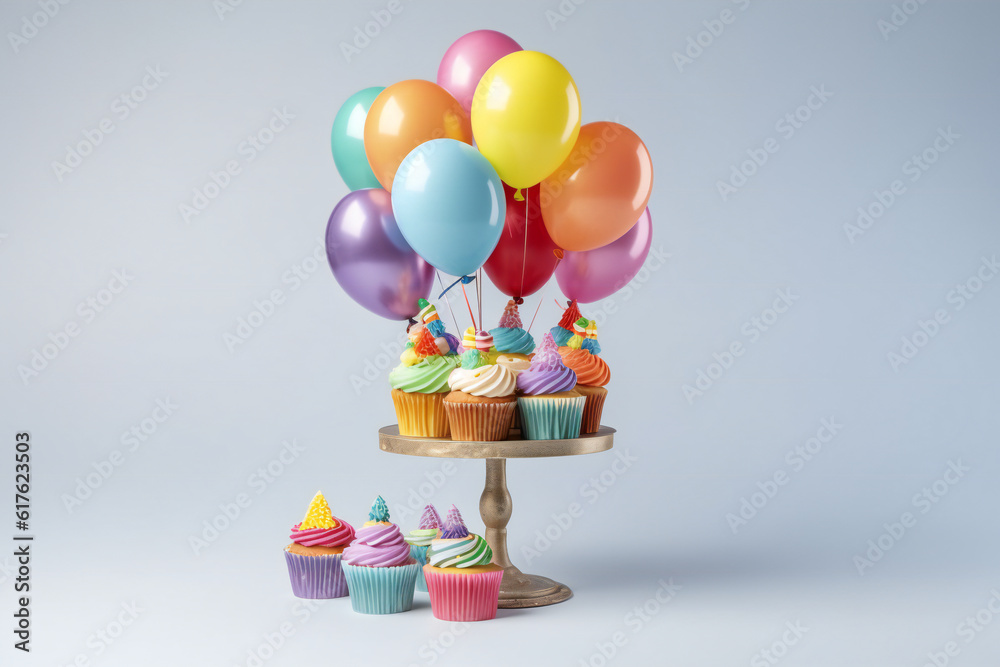 Rainbow Birthday cupcake on a stand with presents, hats and colorful ...