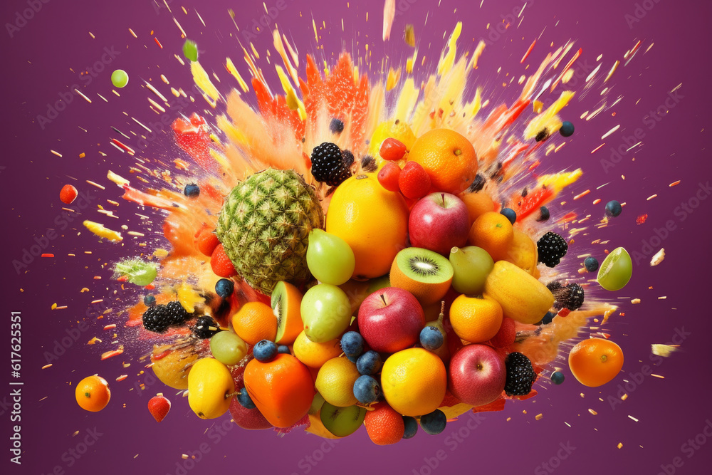 bunch of fruit floating after splash, explosion is depicted, fall down ...