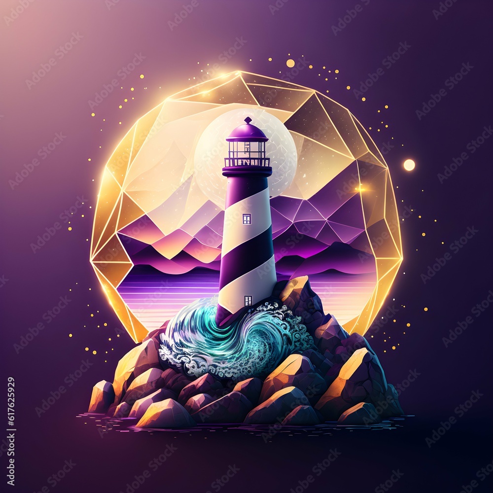 logo design intricate fibonacci lighthouse circle sphere glow ocean ...