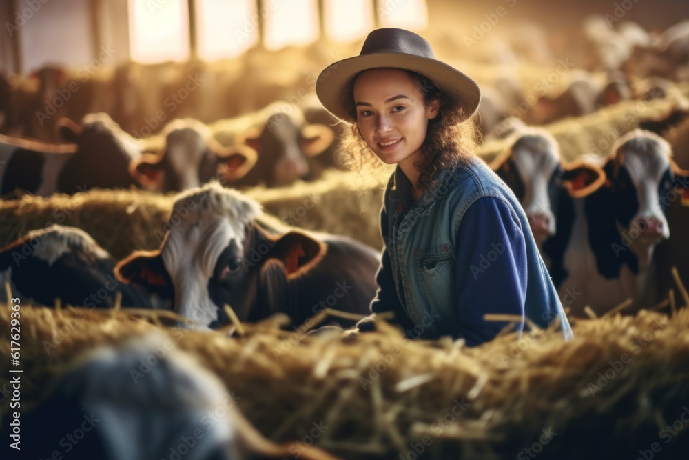 Asian dairy woman working alone outdoors on a farm Beautiful young ...