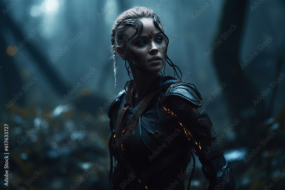 A large portrait of a fantastic dark elf in heavy armor, with long ...