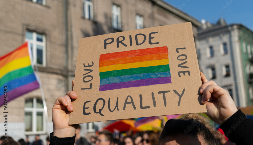 Hand holding placard sign Pride, Love, Equality with rainbow flag ...