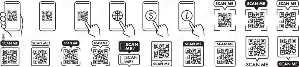 Poster QR code scan icon with smartphone, scan me barcode sign, Vector ...