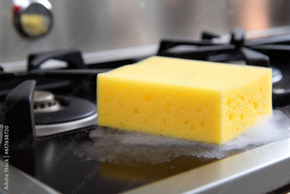 Cleaning sponge with foam on gas stove top kitchen cleaning and hygiene ...