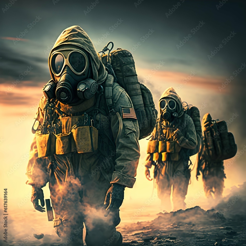 soldiers waking with gas masks apocalypse in the earth dark scary war ...