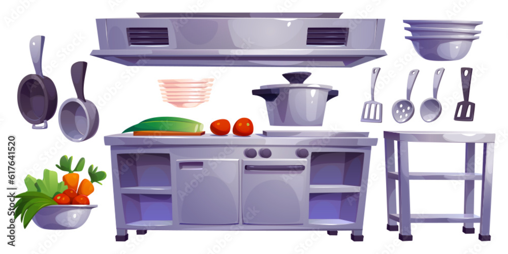 Restaurant kitchen interior set for chef cook cartoon vector ...