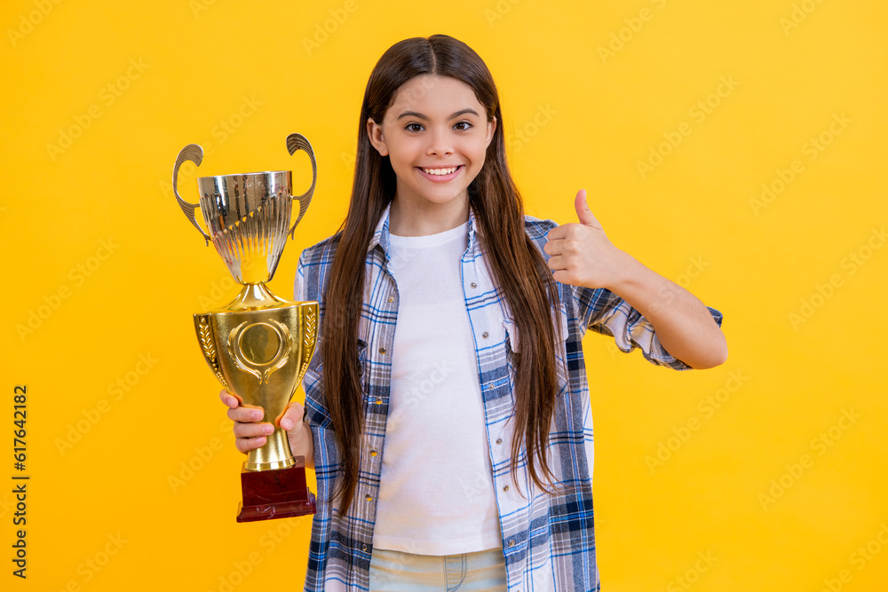 teen girl receive award in studio, thumb up. teen girl accept award on ...