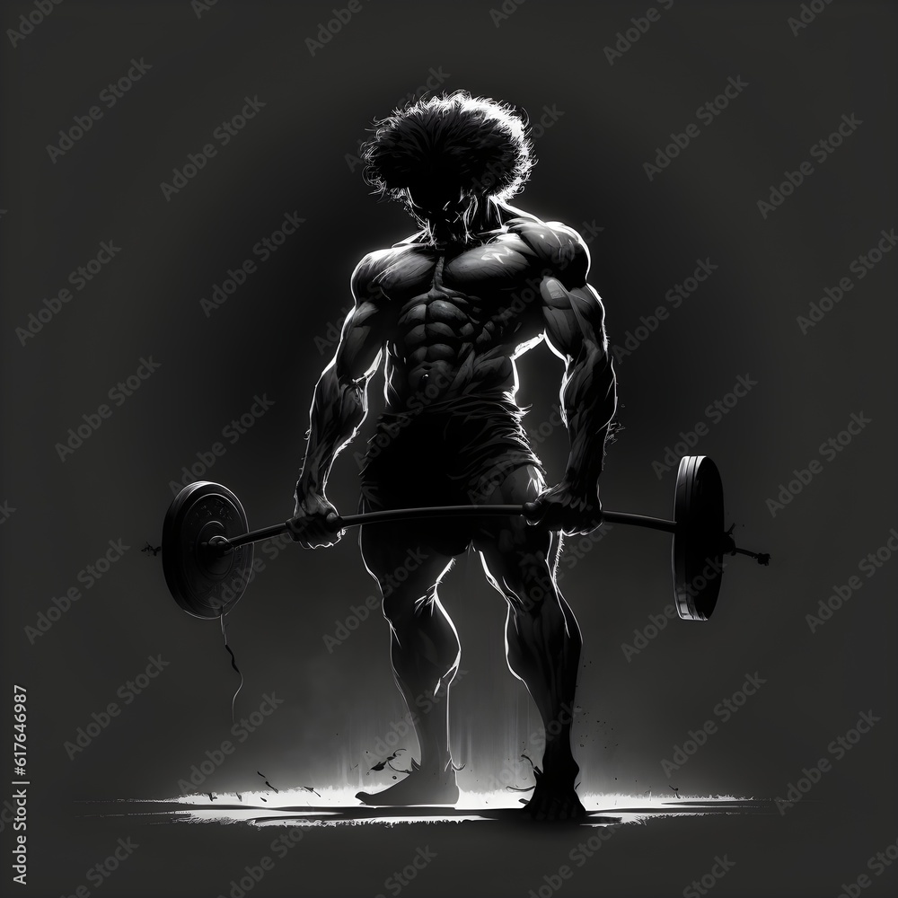 afro samurai muscular man curling barbell black and white anime dark ...