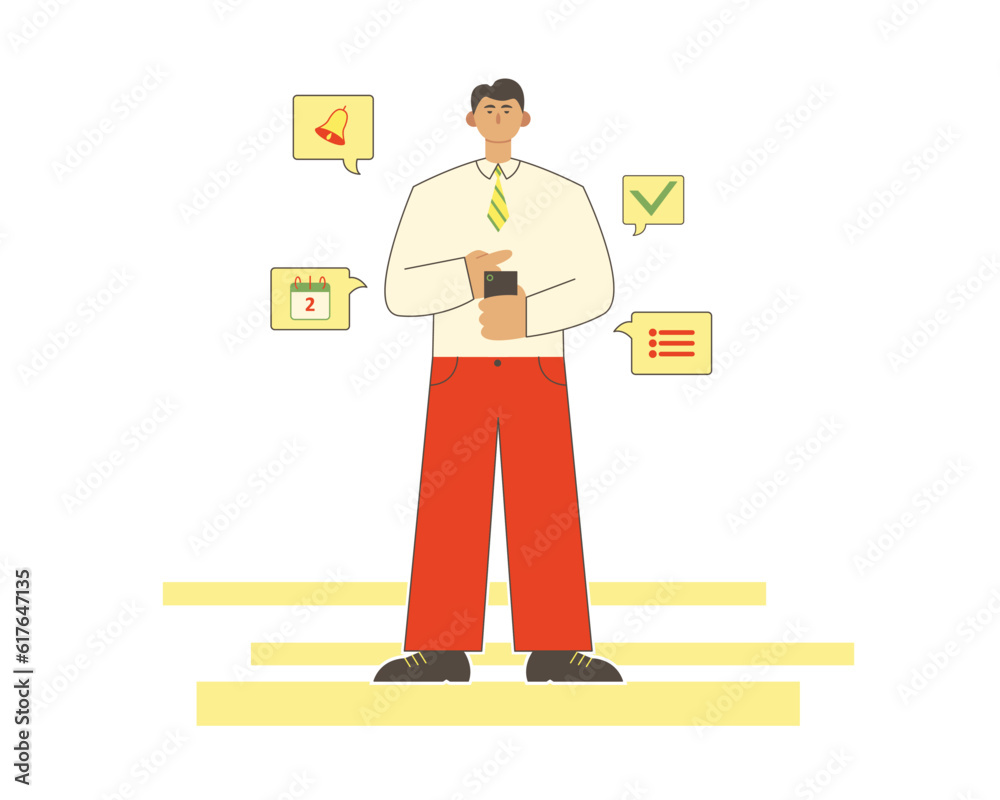 Business management. Cartoon guy use smartphone to control task and ...